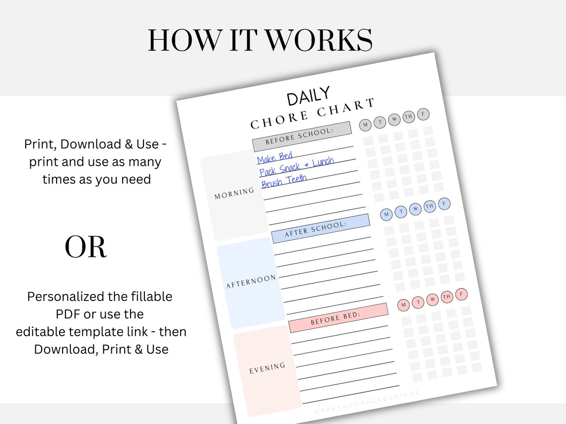 Kids Daily School Checklist Schedule Printable, Editable Chore Chart ...