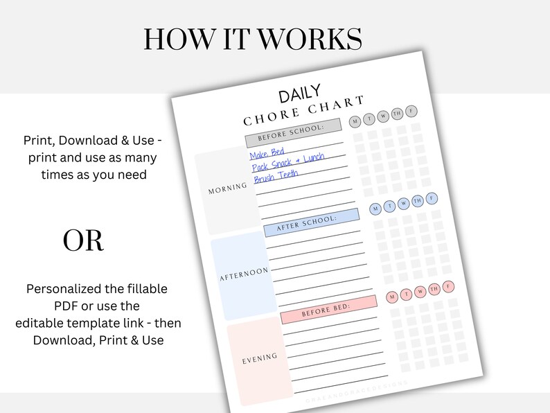 Kids Daily School Checklist Schedule Printable, Editable Chore Chart ...