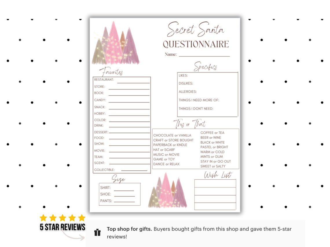 Printable PDF Secret Santa Gift Exchange Questionnaire work or Personal ...