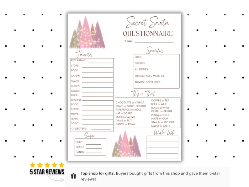 Printable PDF Secret Santa Gift Exchange Questionnaire (work or ...