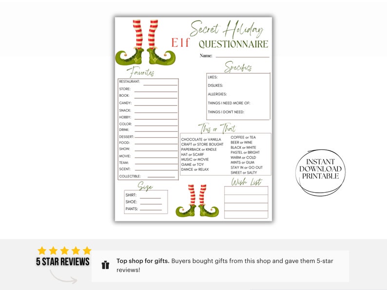 Secret Holiday Elf Gift Exchange Questionnaire Printable PDF (work or ...