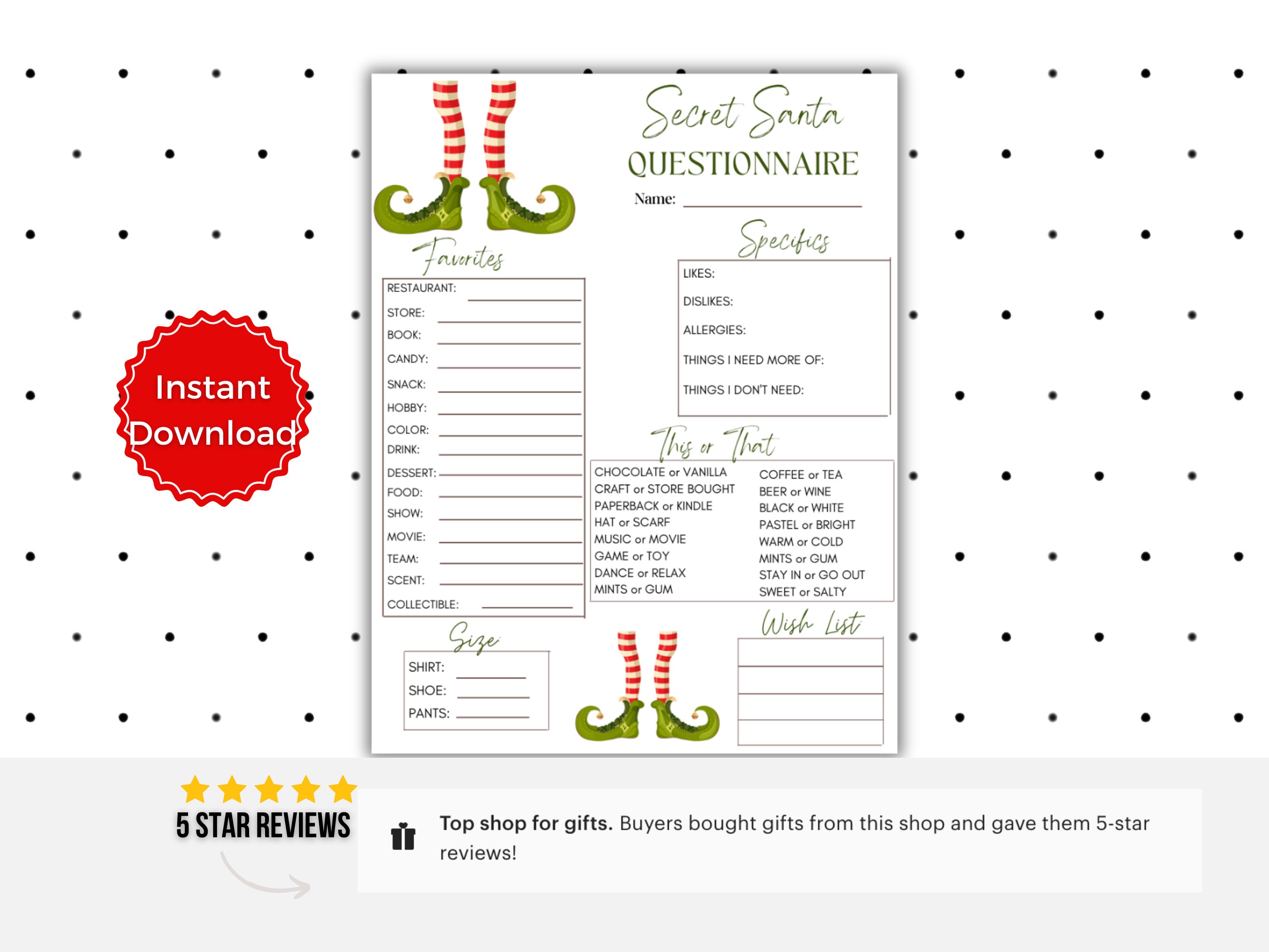 Secret Holiday Elf Gift Exchange Questionnaire Printable PDF (work or ...