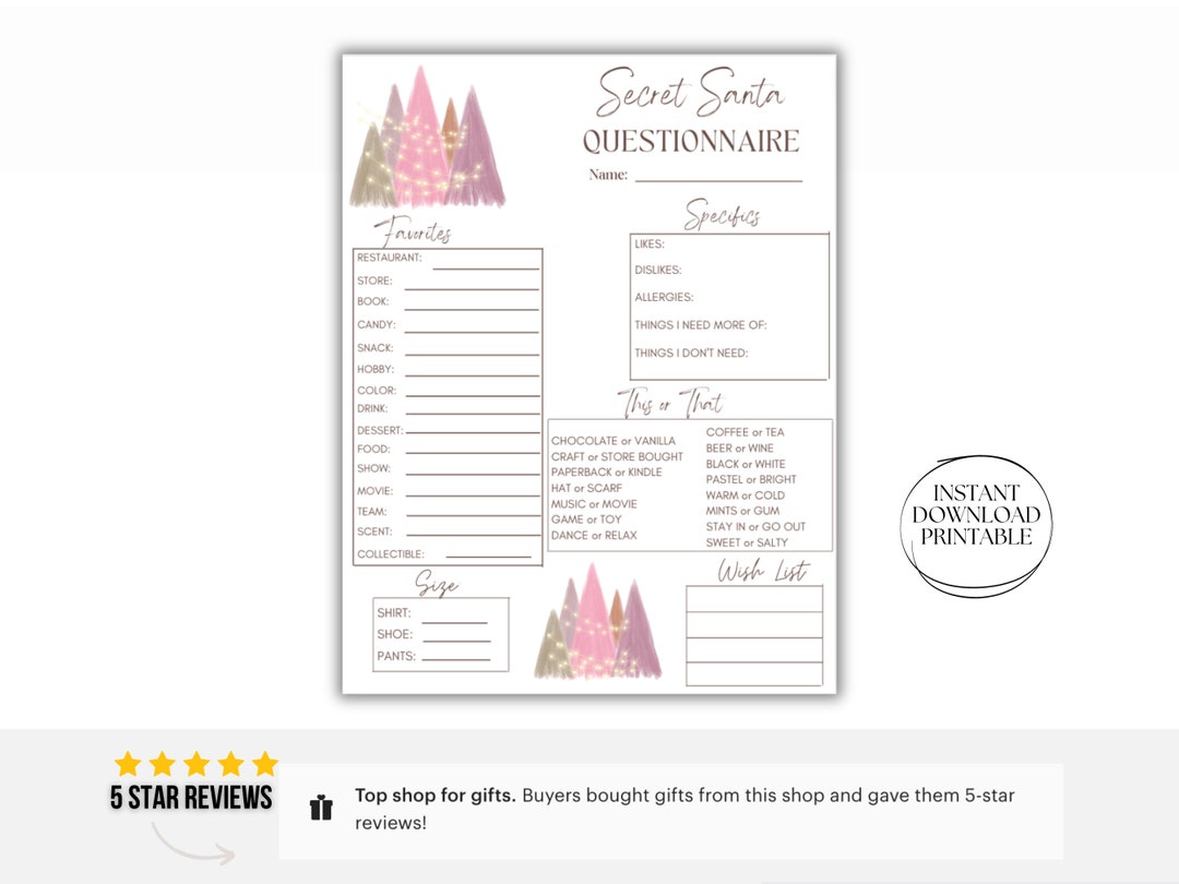 Printable PDF Secret Santa Gift Exchange Questionnaire (work or ...