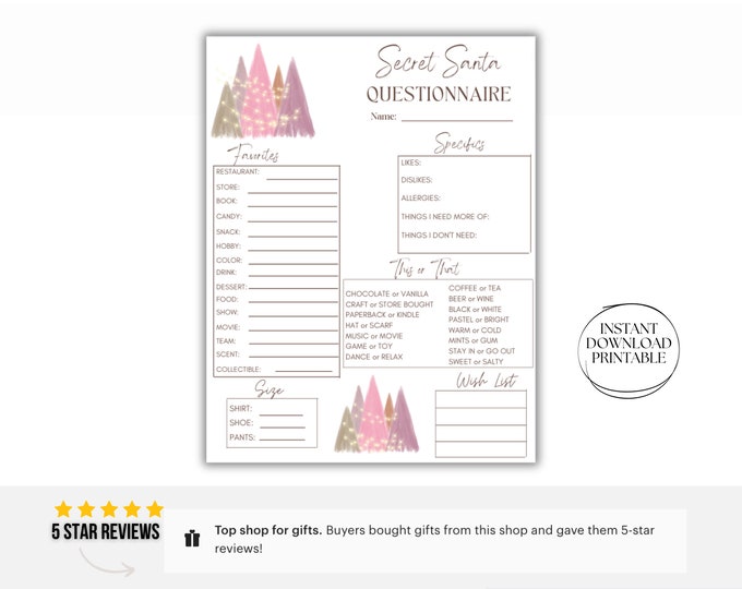 Printable PDF Secret Santa Questionnaire for Gift Exchange (work or ...