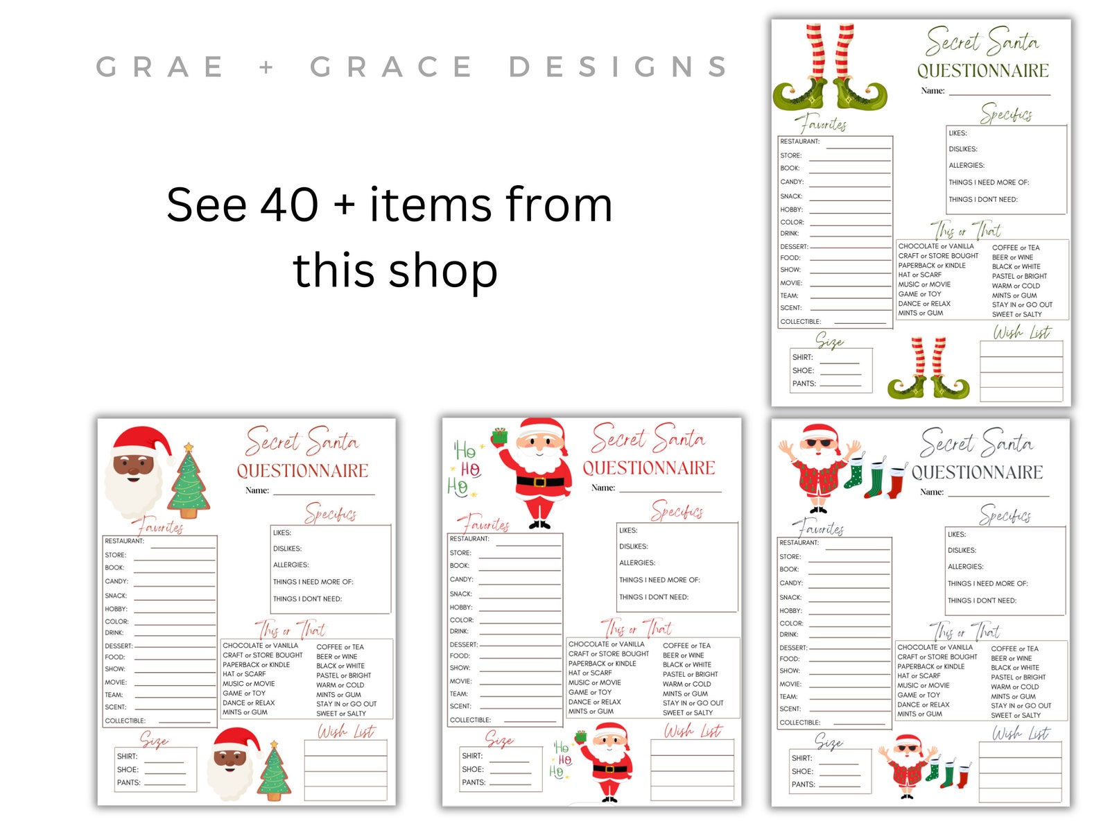 Printable PDF Secret Santa Gift Exchange Questionnaire work or Personal ...