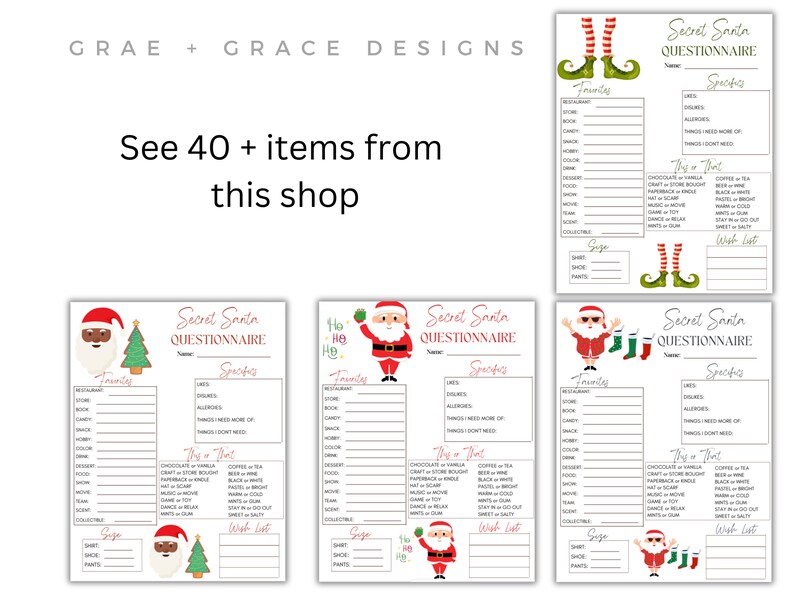 Printable PDF Secret Santa Gift Exchange Questionnaire (work or ...