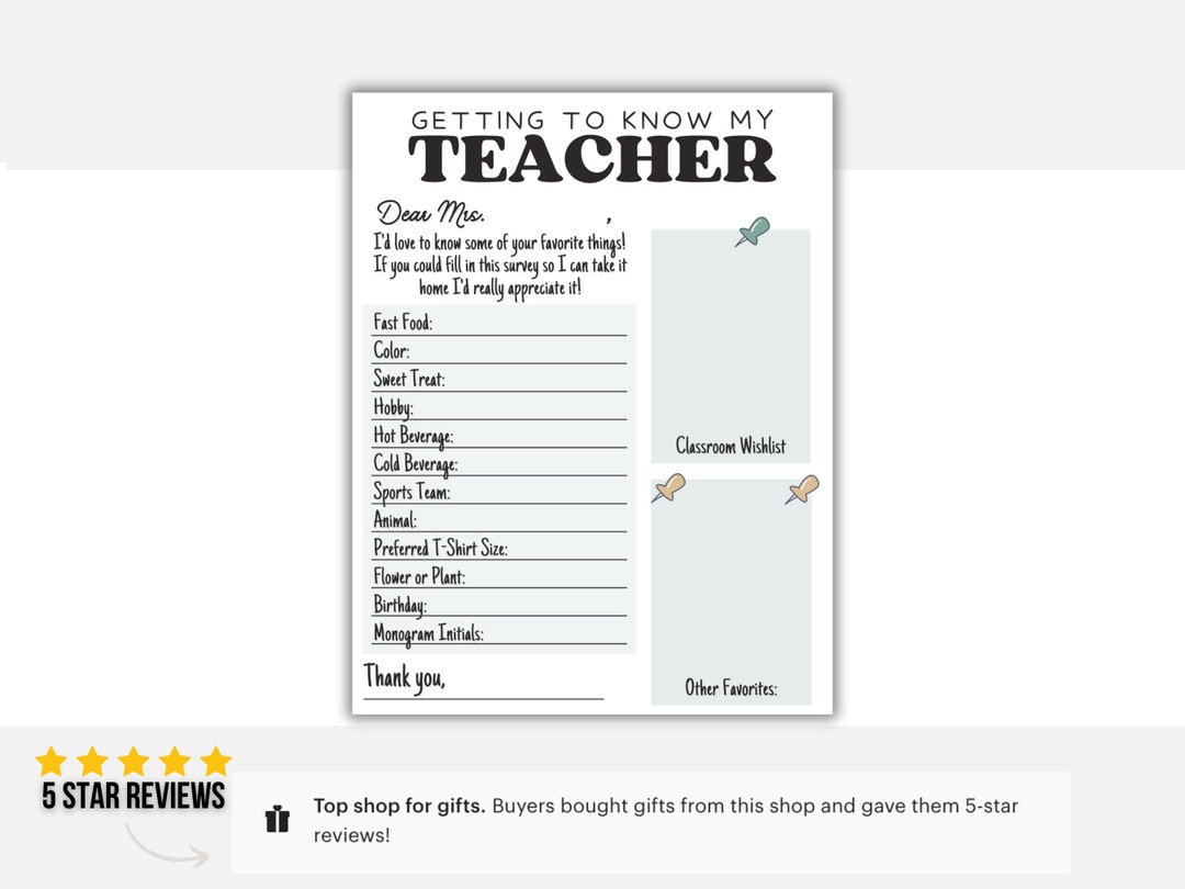 Favorites Teacher Survey Printable Gift Questionnaire for Teachers ...