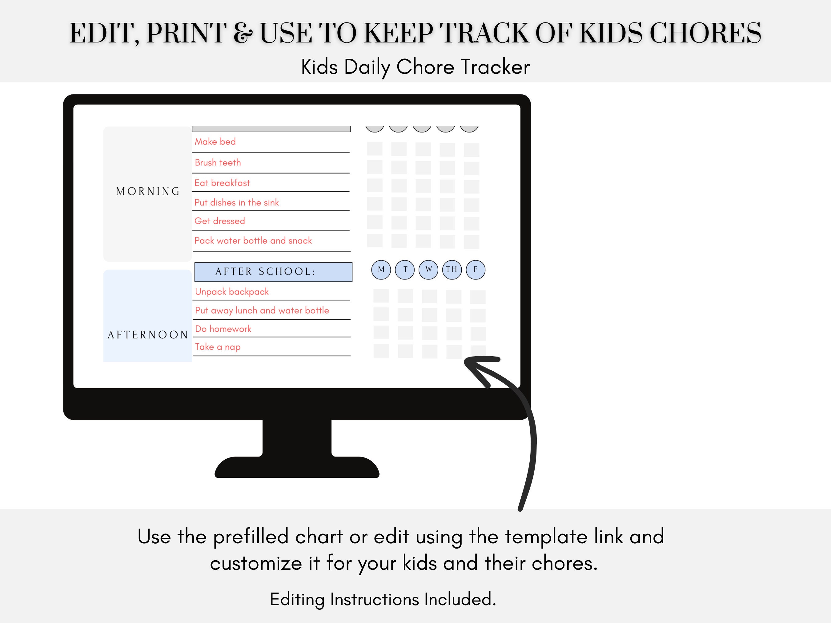 Kids Daily School Checklist Schedule Printable, Editable Chore Chart ...