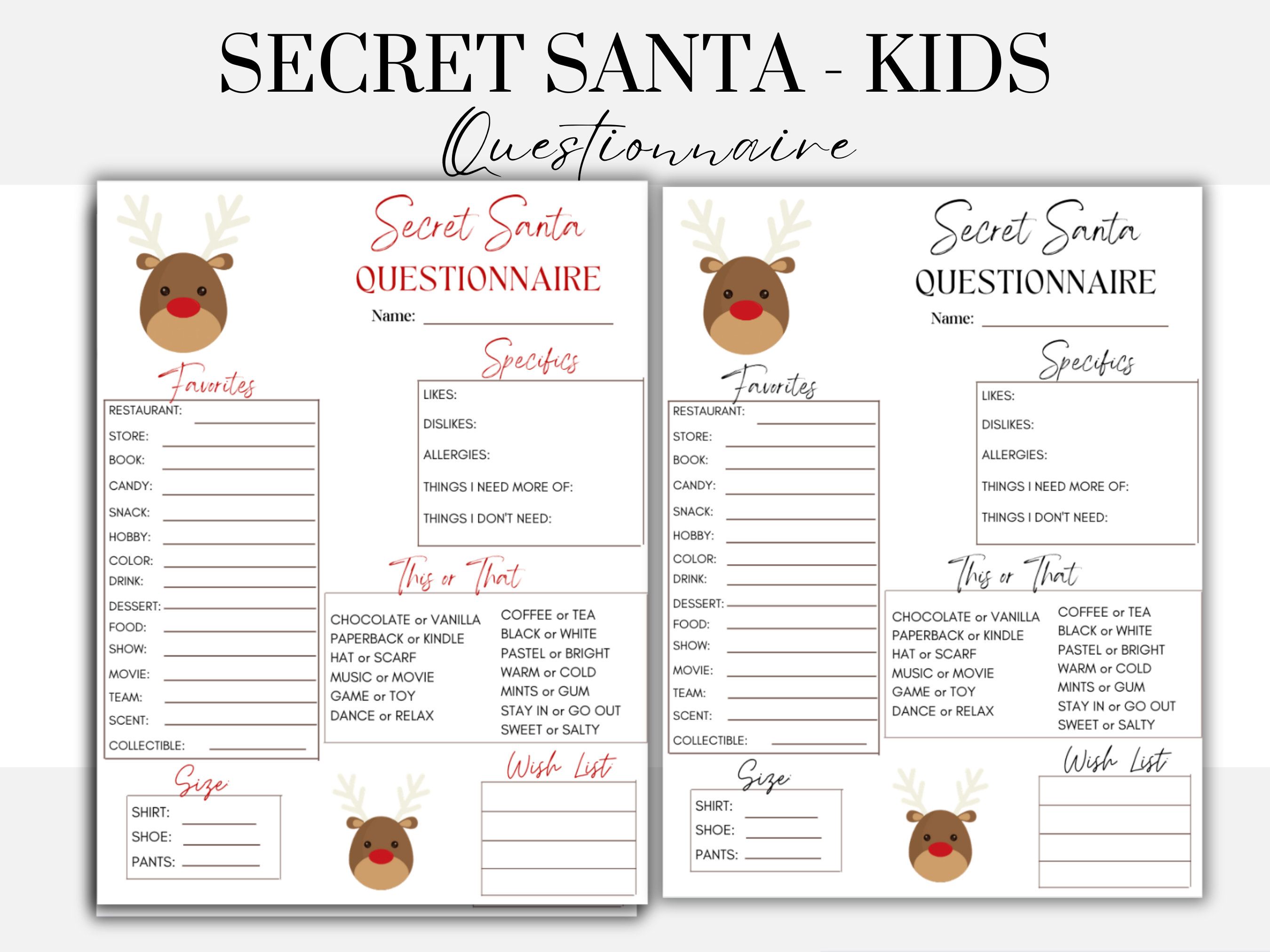 Gift Questionnaire for Kids Printable PDF for Kids Secret Santa Gift ...