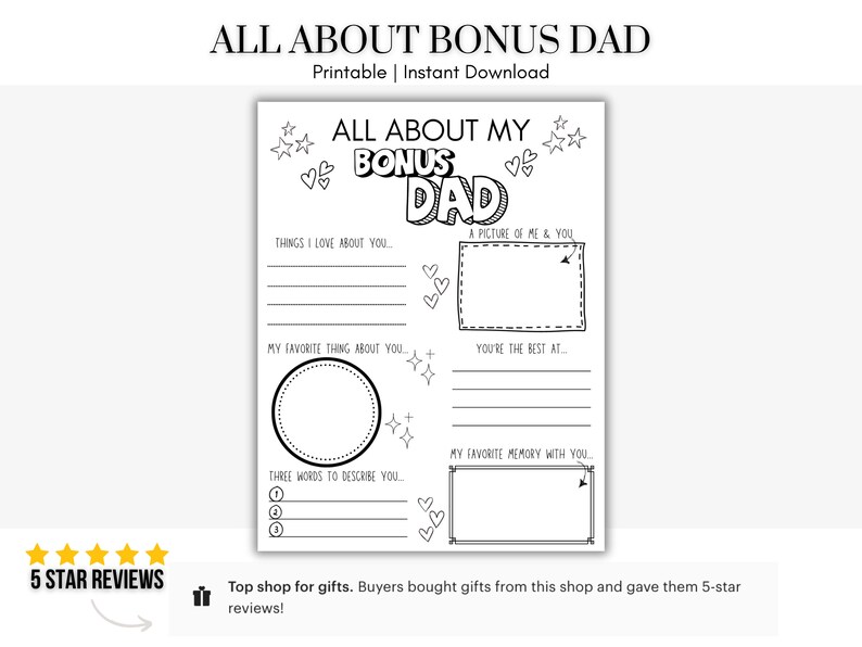 Fathers Day Gift Bonus Dad All About My Bonus Dad Printable Fill in the ...