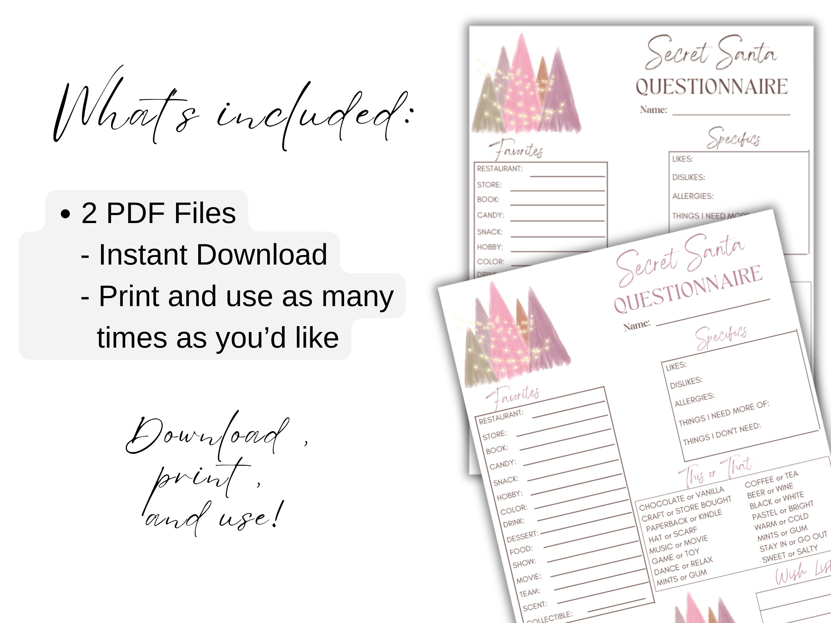Printable PDF Secret Santa Gift Exchange Questionnaire work or Personal ...