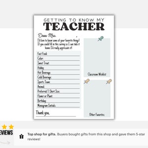 Favorites Teacher Survey Printable Gift Questionnaire for Teachers ...