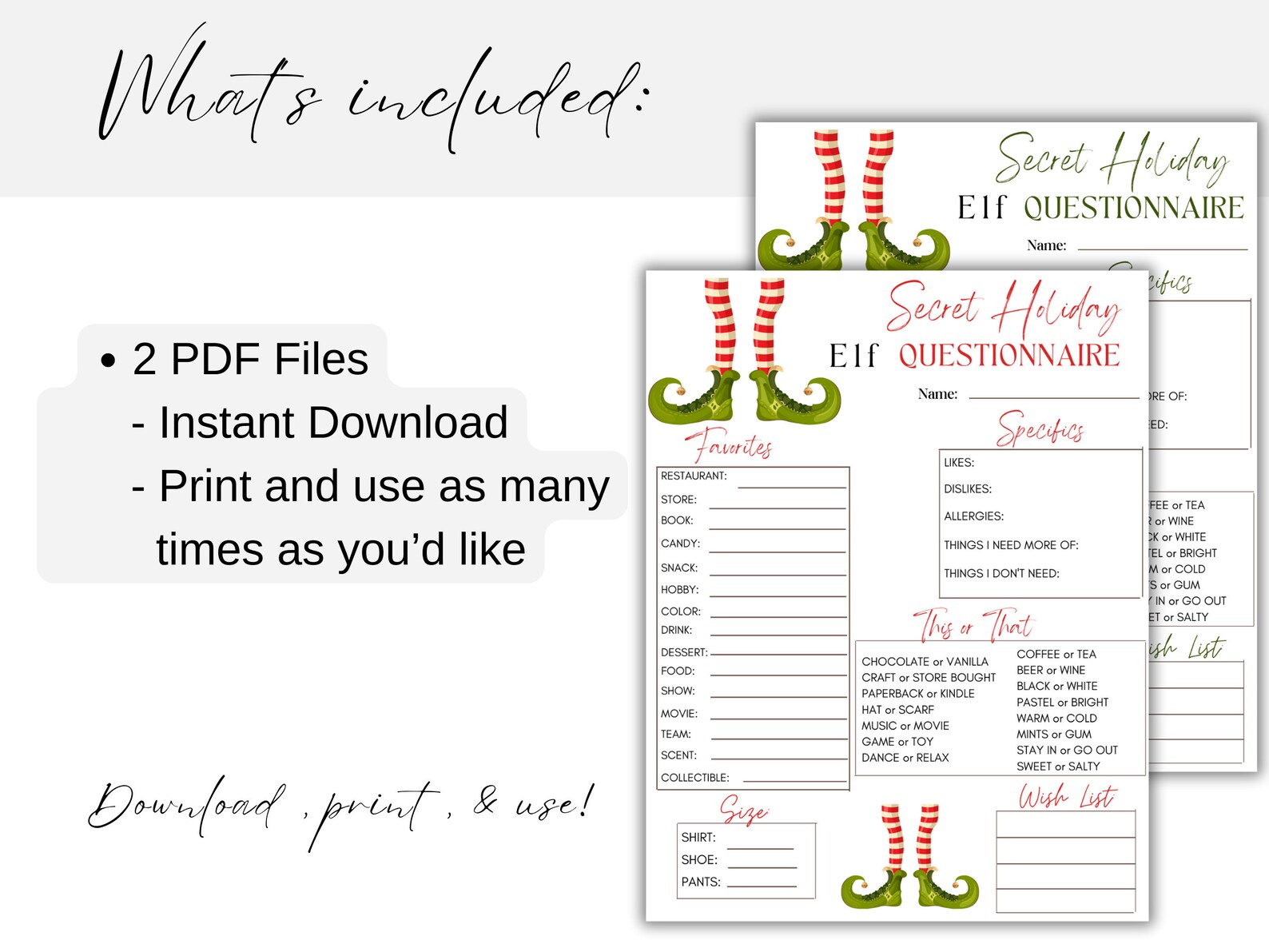 Secret Holiday Elf Gift Exchange Questionnaire Printable PDF (work or ...