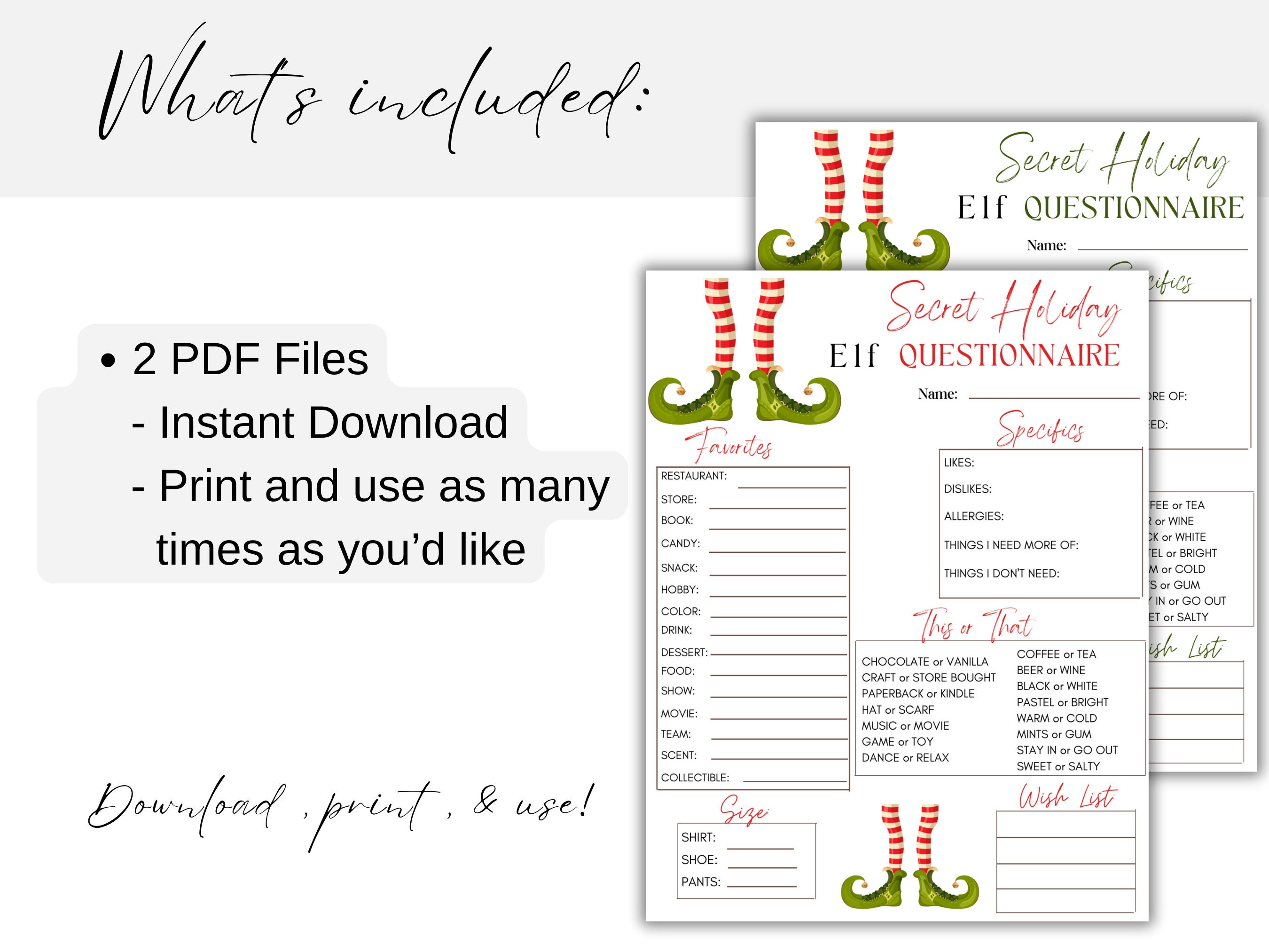 Secret Holiday Elf Gift Exchange Questionnaire Printable PDF (work or ...