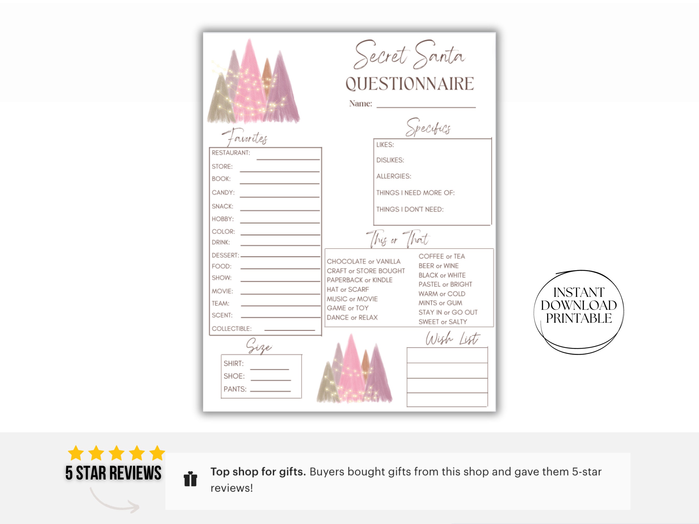 Printable PDF Secret Santa Gift Exchange Questionnaire work or Personal ...