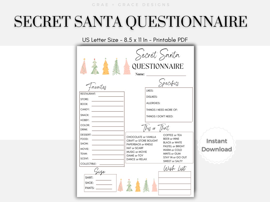 Secret Santa Questionnaire Printable Secret Santa Gift Exchange ...