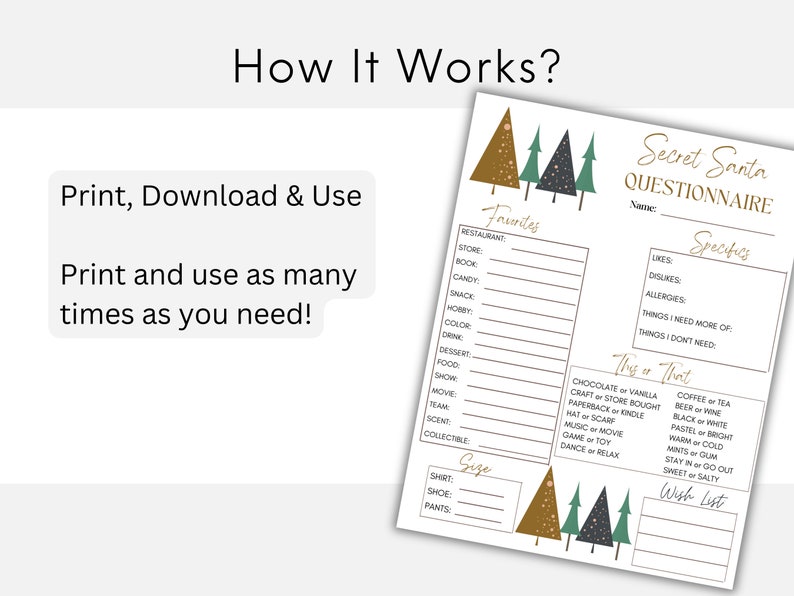 Secret Holiday Elf Gift Exchange Questionnaire Printable PDF (work or ...