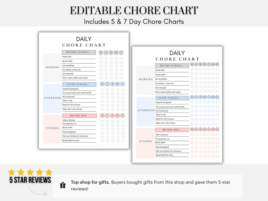 Kids Daily School Checklist Schedule Printable, Editable Chore Chart ...