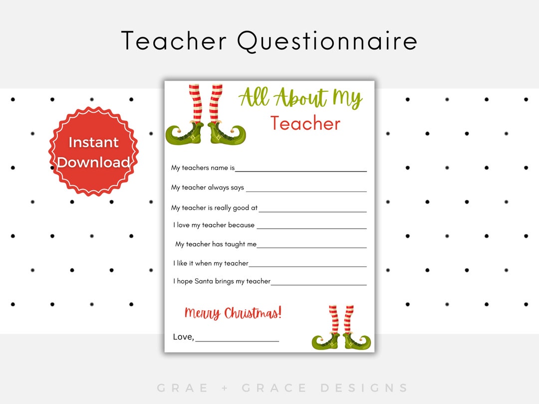 Christmas Teacher Gifts Questionnaire for Teacher Gifts Teacher ...