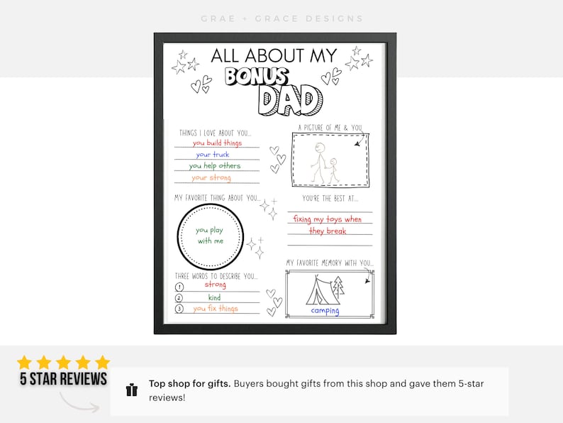 Fathers Day Gift Bonus Dad All About My Bonus Dad Printable Fill in the ...