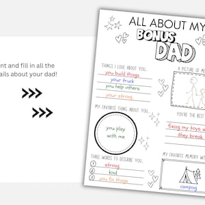 Fathers Day Gift Bonus Dad All About My Bonus Dad Printable Fill in the ...