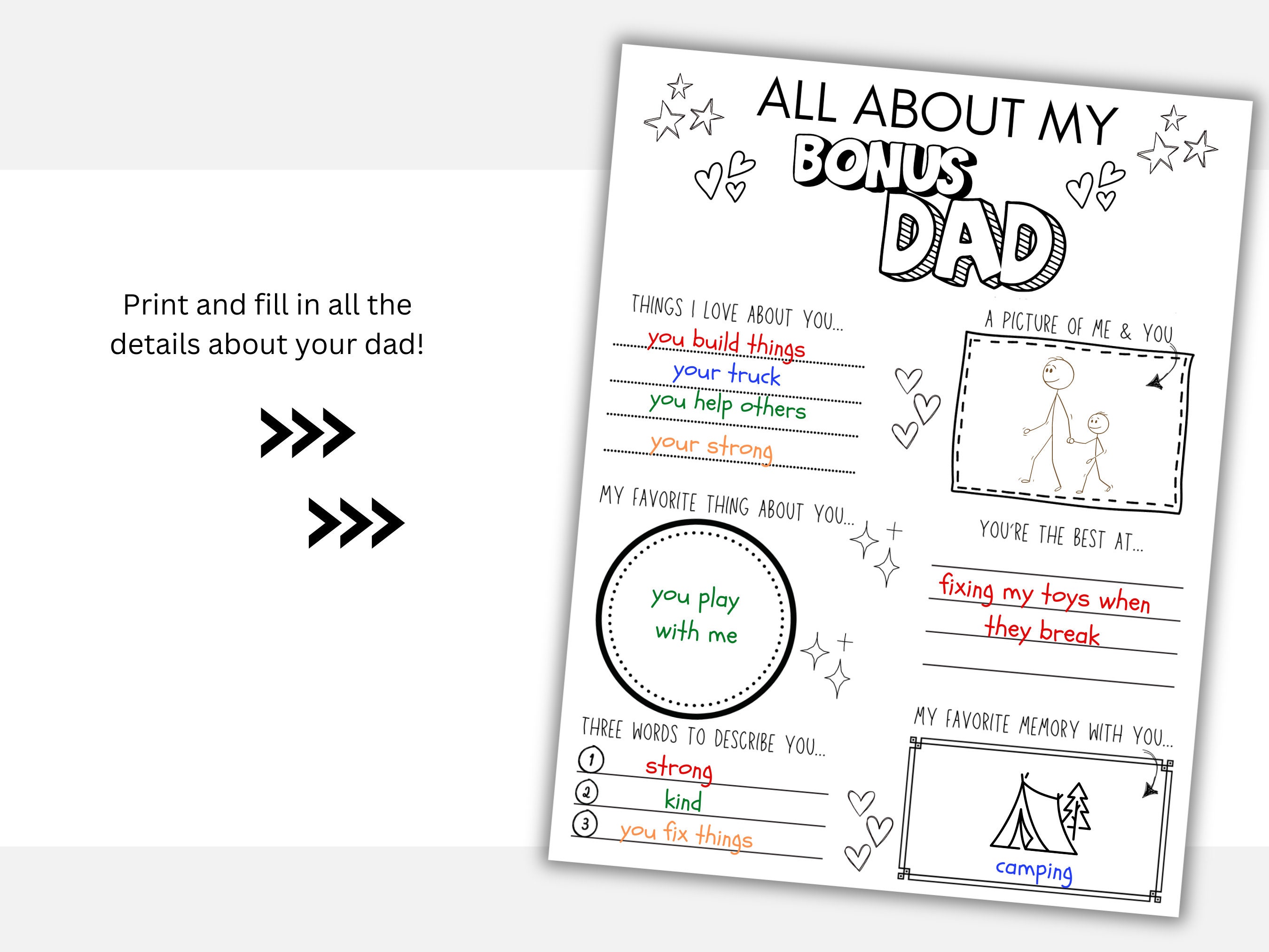 Fathers Day T Bonus Dad All About My Bonus Dad Printable Fill In The