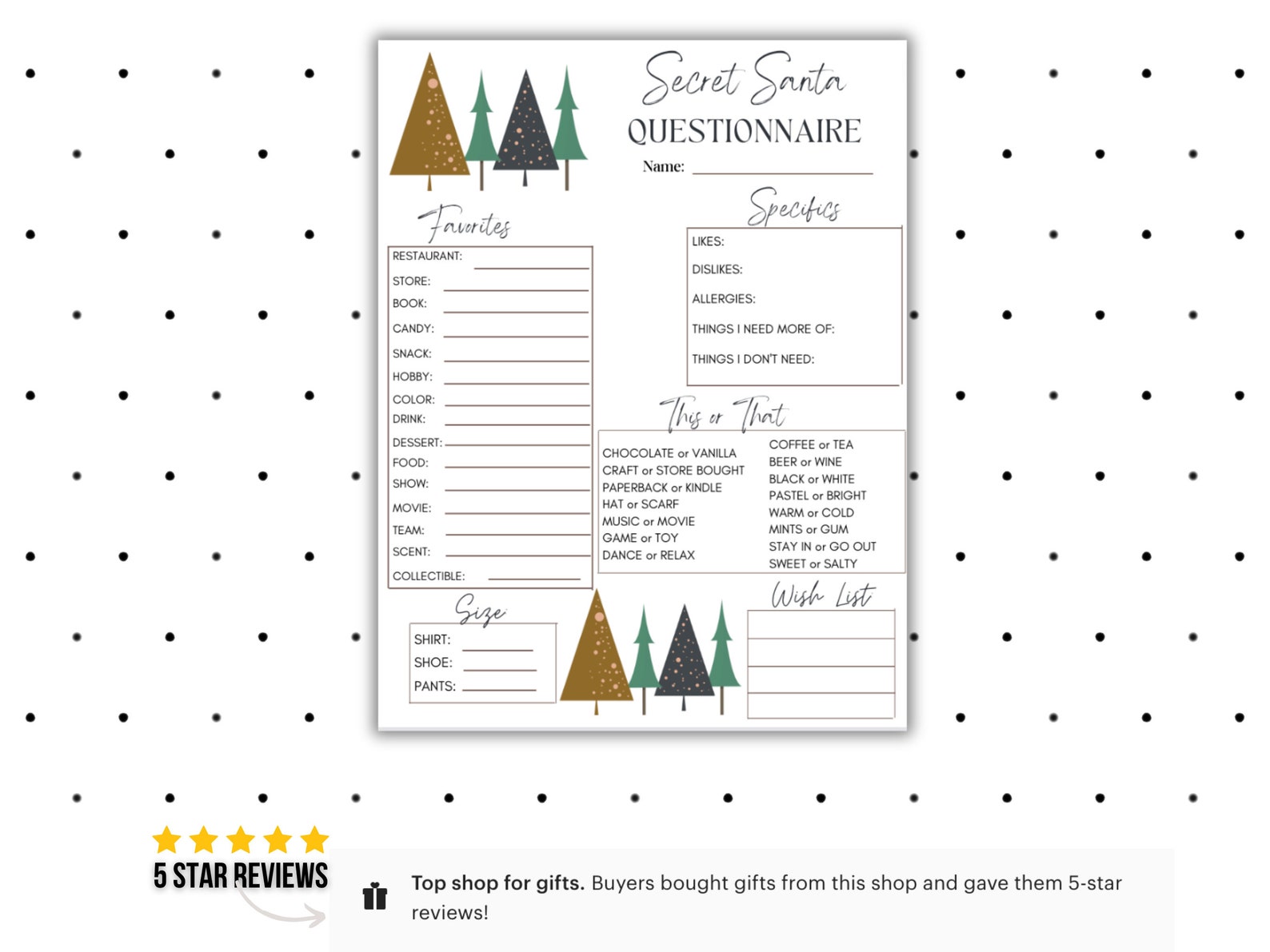 Secret Holiday Elf Gift Exchange Questionnaire Printable PDF (work or ...