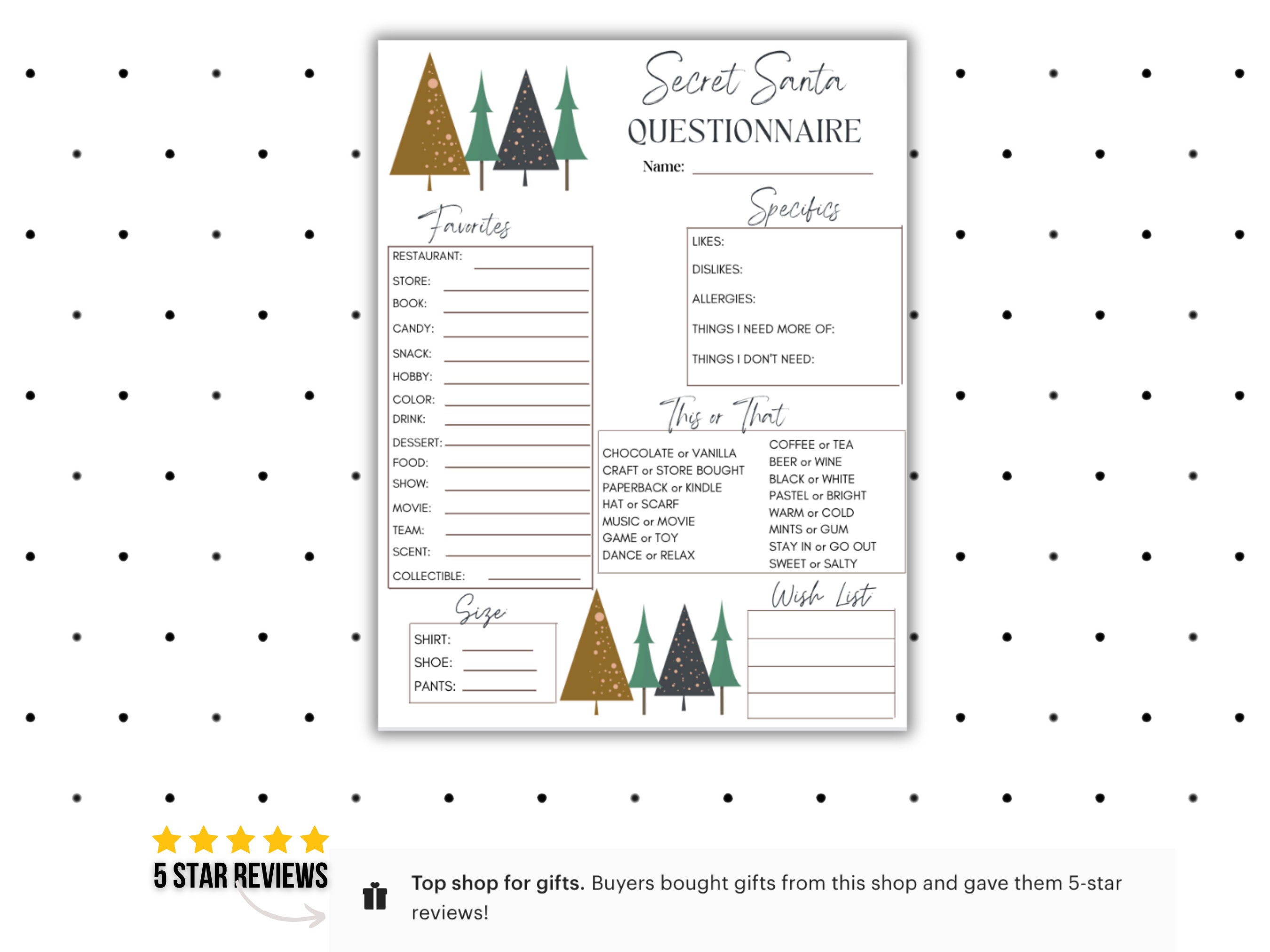 Secret Holiday Elf Gift Exchange Questionnaire Printable PDF (work or ...