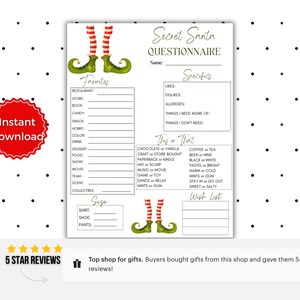 Secret Holiday Elf Gift Exchange Questionnaire Printable PDF (work or ...