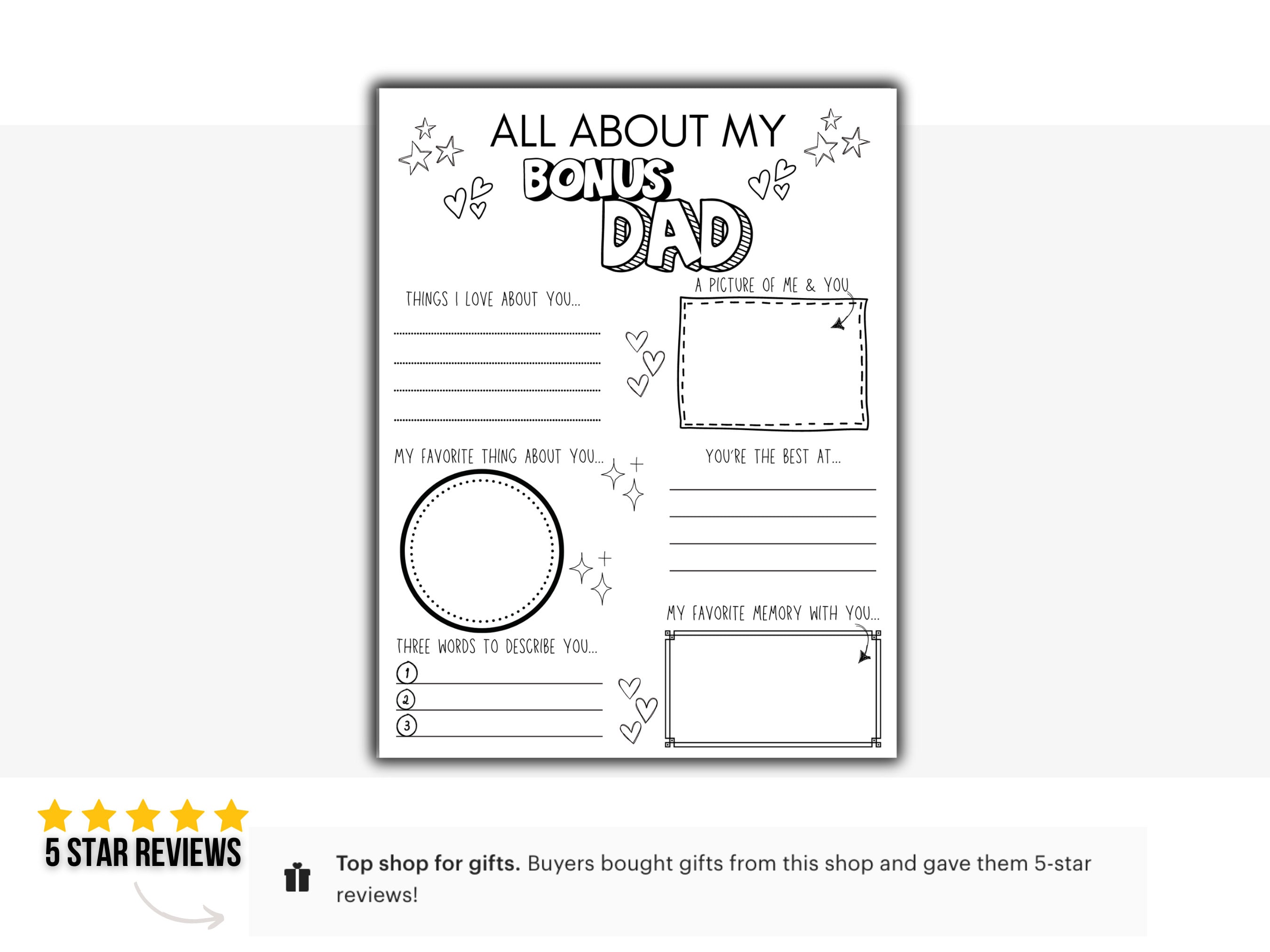 Fathers Day Gift Bonus Dad All About My Bonus Dad Printable Fill in the ...