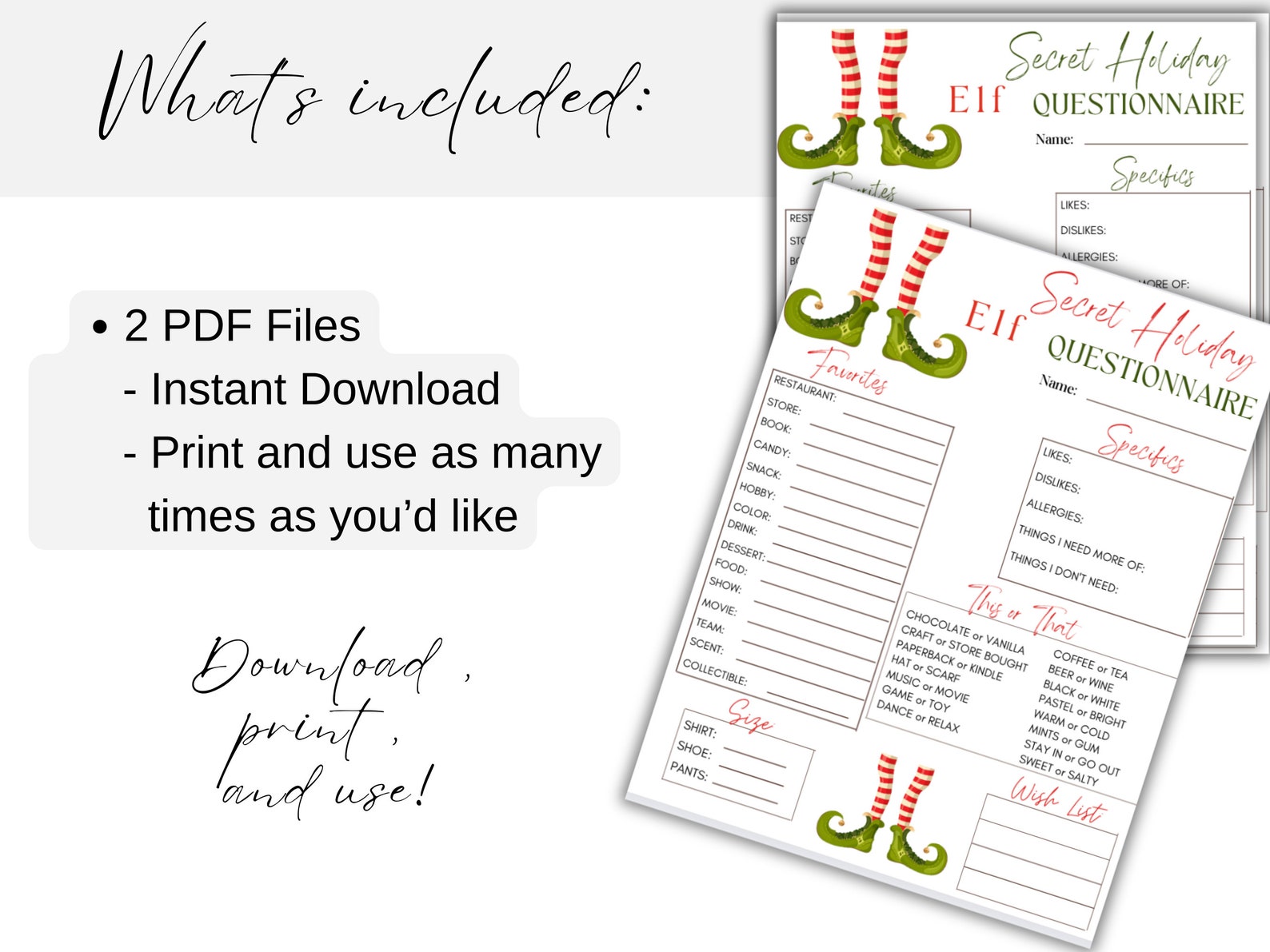 Secret Holiday Elf Gift Exchange Questionnaire Printable PDF (work or ...