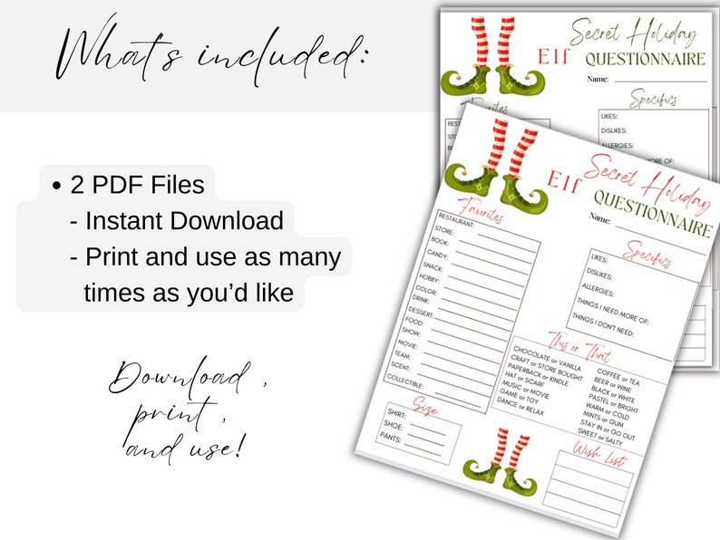 Secret Holiday Elf Gift Exchange Questionnaire Printable PDF work or ...