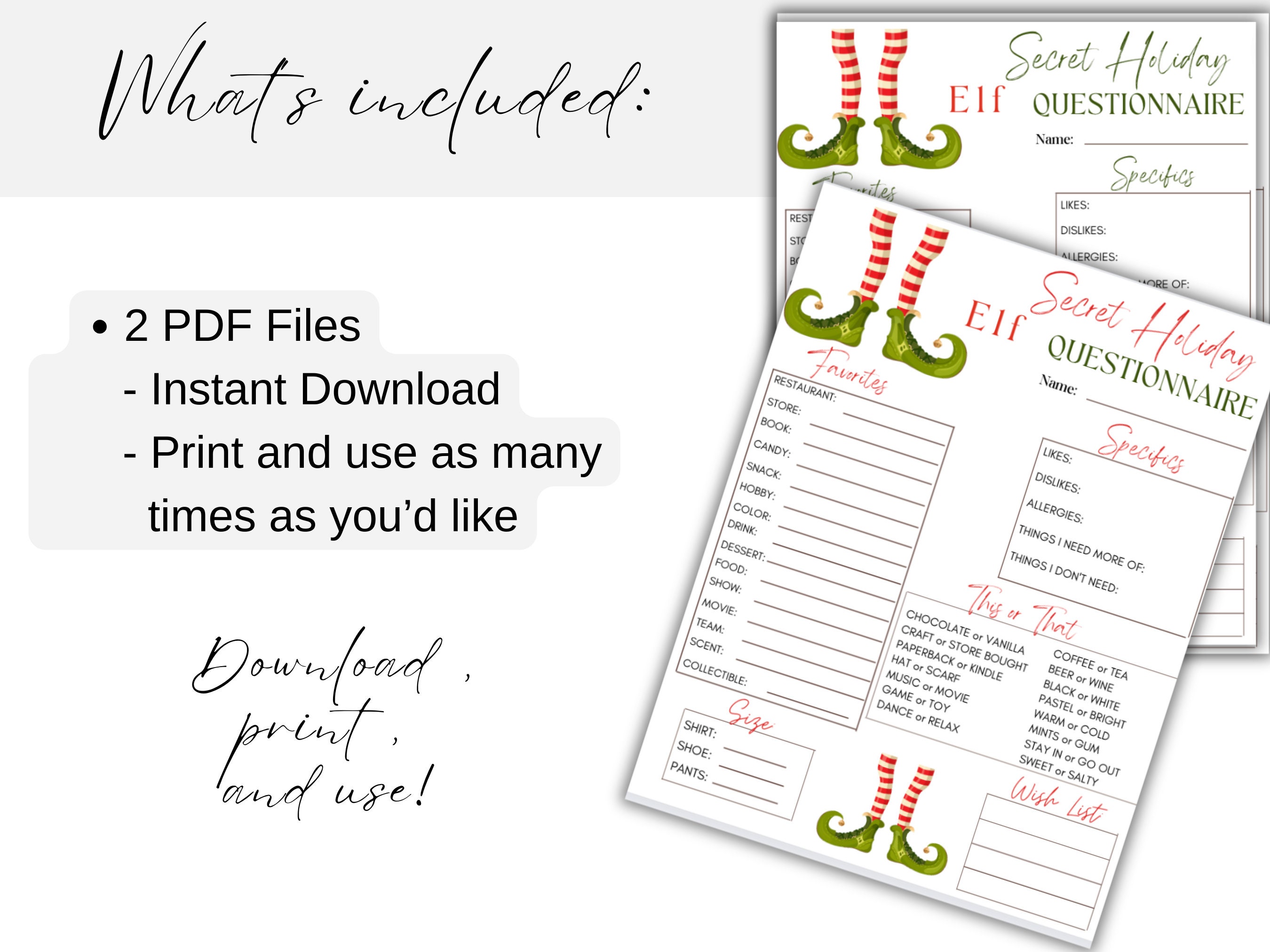 Secret Holiday Elf Gift Exchange Questionnaire Printable PDF (work or ...