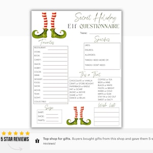 Secret Holiday Elf Gift Exchange Questionnaire Printable PDF (work or ...