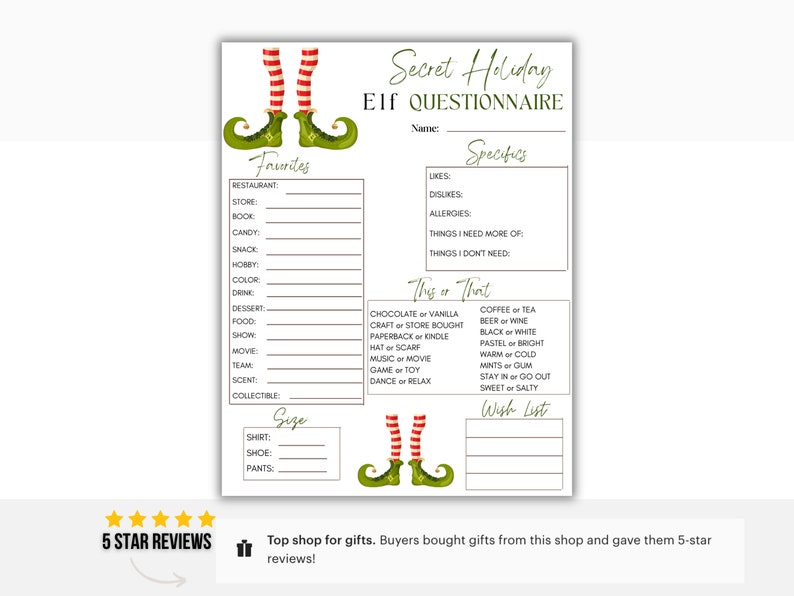 Secret Holiday Elf Gift Exchange Questionnaire Printable PDF (work or ...