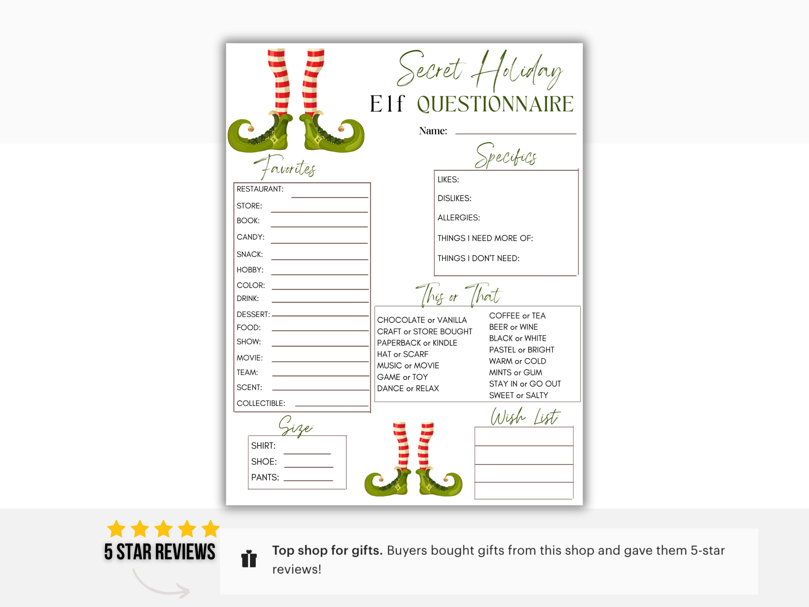 Secret Holiday Elf Gift Exchange Questionnaire Printable PDF (work or ...