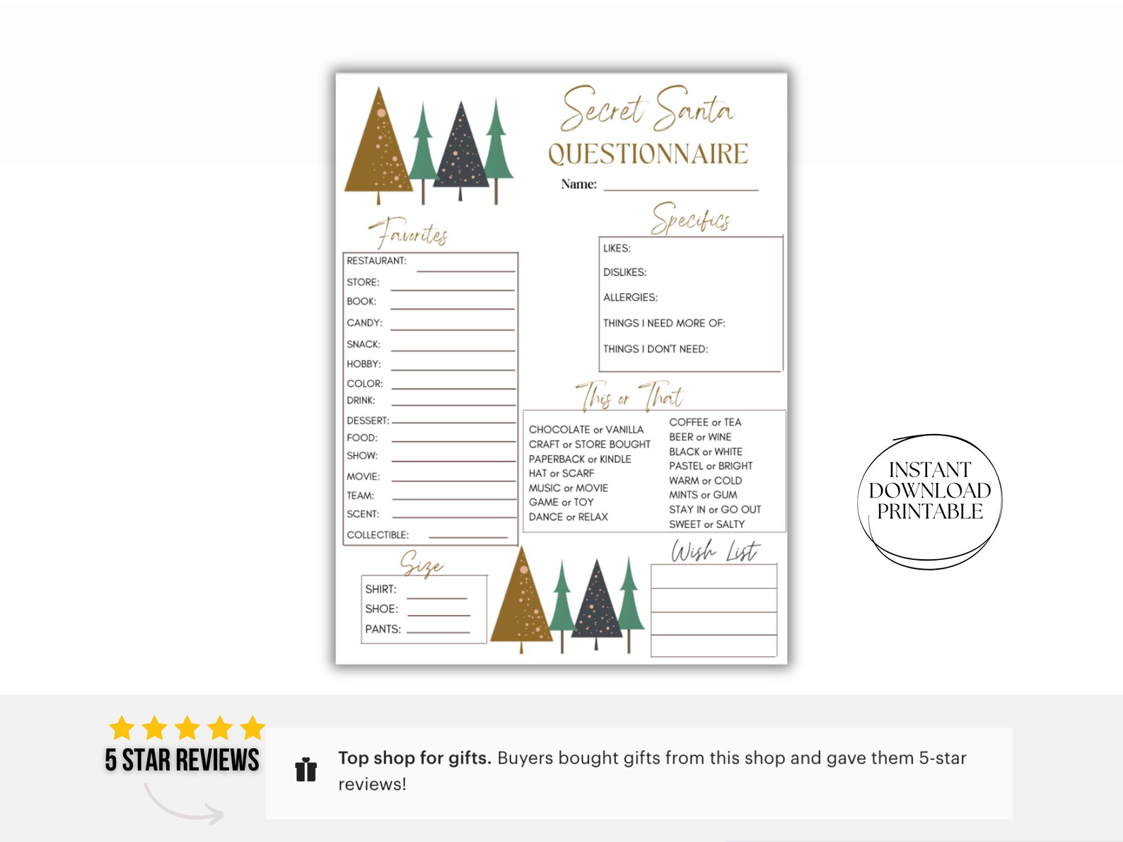 Secret Holiday Elf Gift Exchange Questionnaire Printable PDF (work or ...