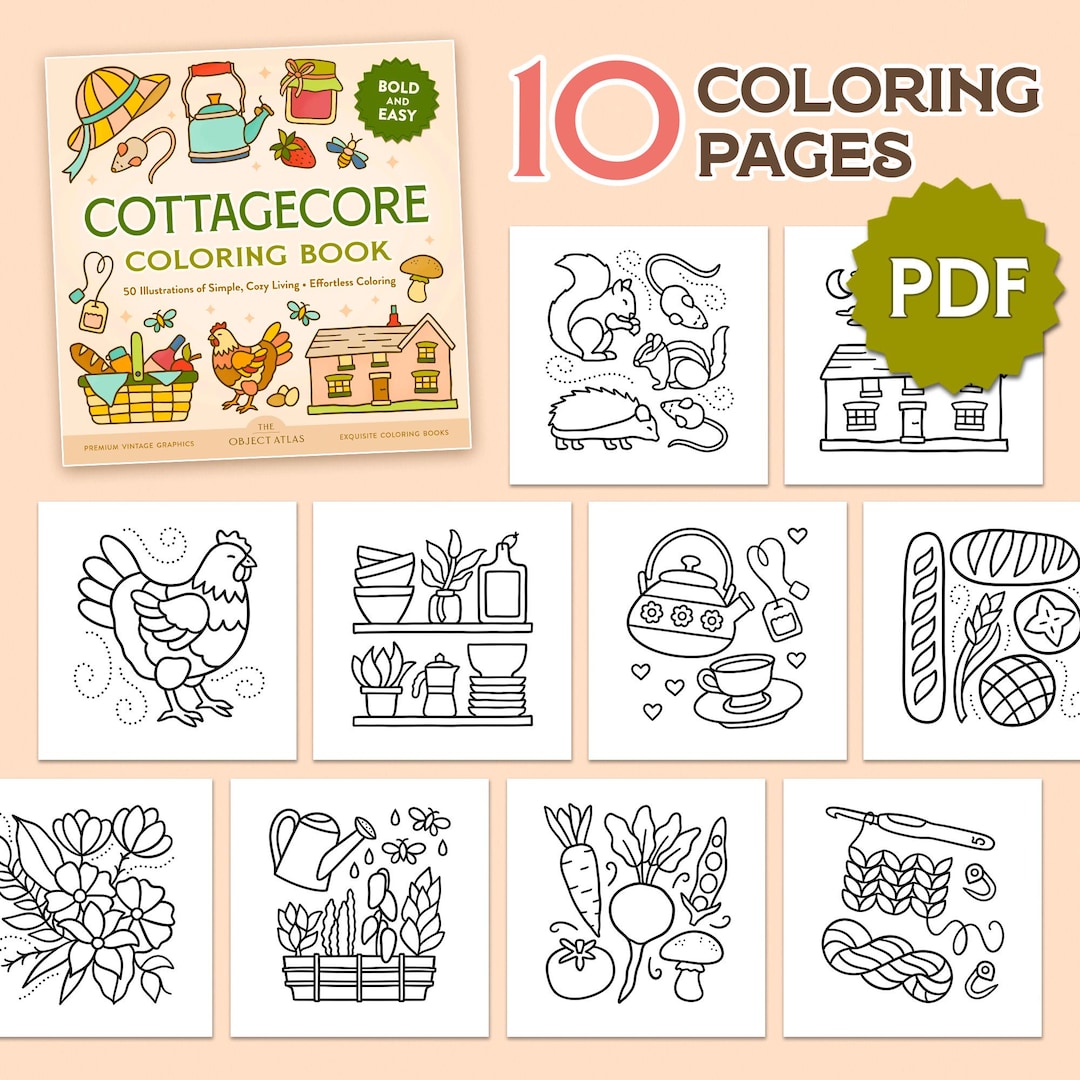 Bold & Easy 10 Cottagecore Coloring Pages | Instant Download Printable ...