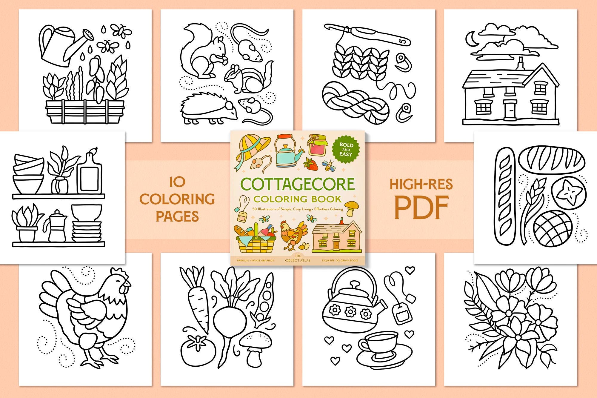 Bold & Easy 10 Cottagecore Coloring Pages | Instant Download Printable ...