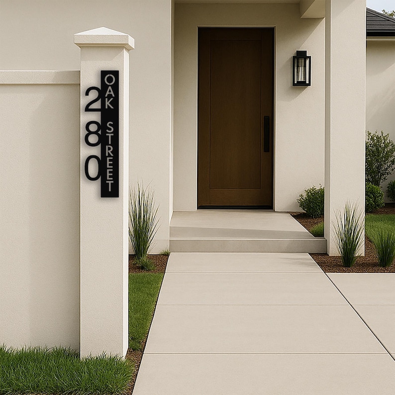 Personalized Vertical Metal Address Sign: Modern Outdoor Number Plaque ...
