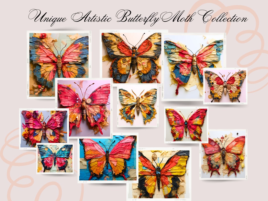 Artistic Patchwork Butterfly Moth, Botanical Ephemera, Nature Inspired ...