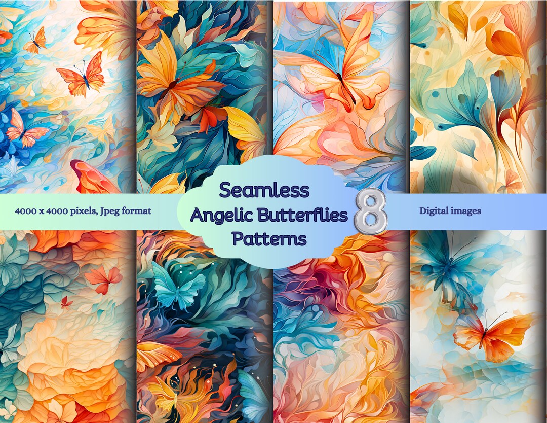 Lucid Butterflies, Digital Paper Pack Colorful , Seamless Opt Art ...