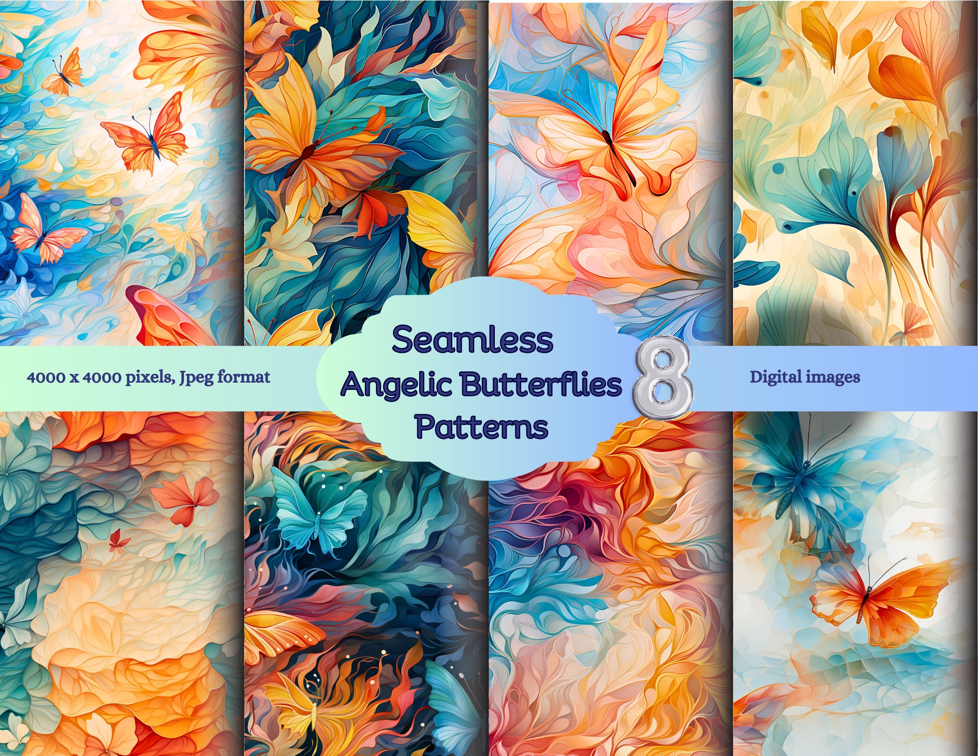 Lucid Butterflies, Digital Paper Pack Colorful , Seamless Opt Art ...