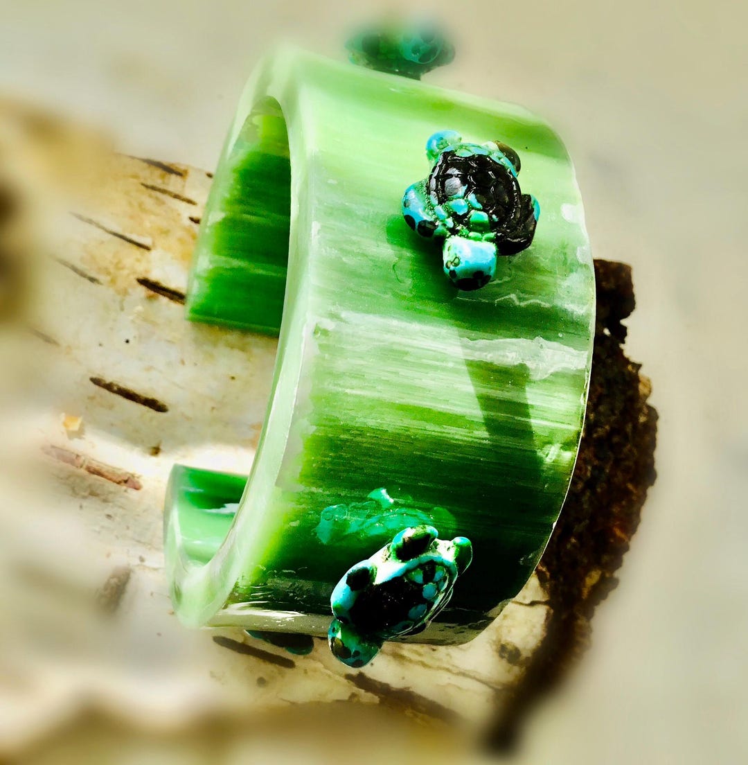 Turtle Resin Cuff Bangle – Handmade Green Ocean Bracelet, One Size - Etsy