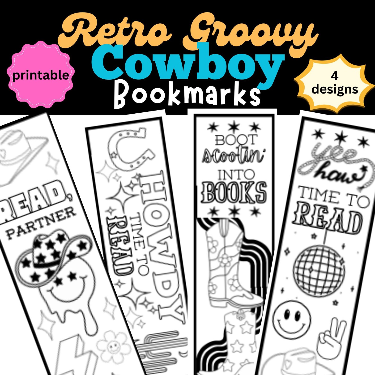 Retro Groovy Cowboy Bookmarks | Coloring Page | Cowgirl | Disco - Etsy