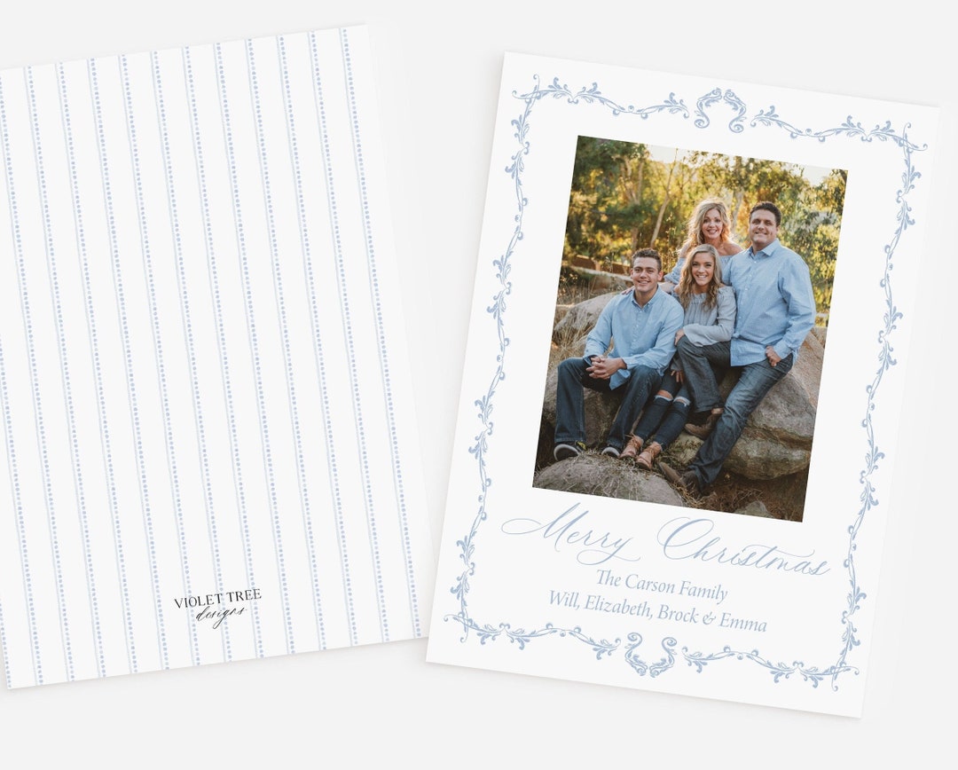 Blue Formal Frame Christmas Cards Printed, Hand-painted, Watercolor ...