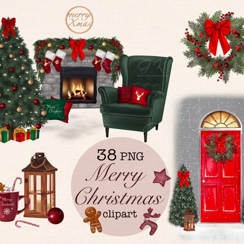 Watercolor Christmas Clipart Cozy Winter Holiday Home - Etsy