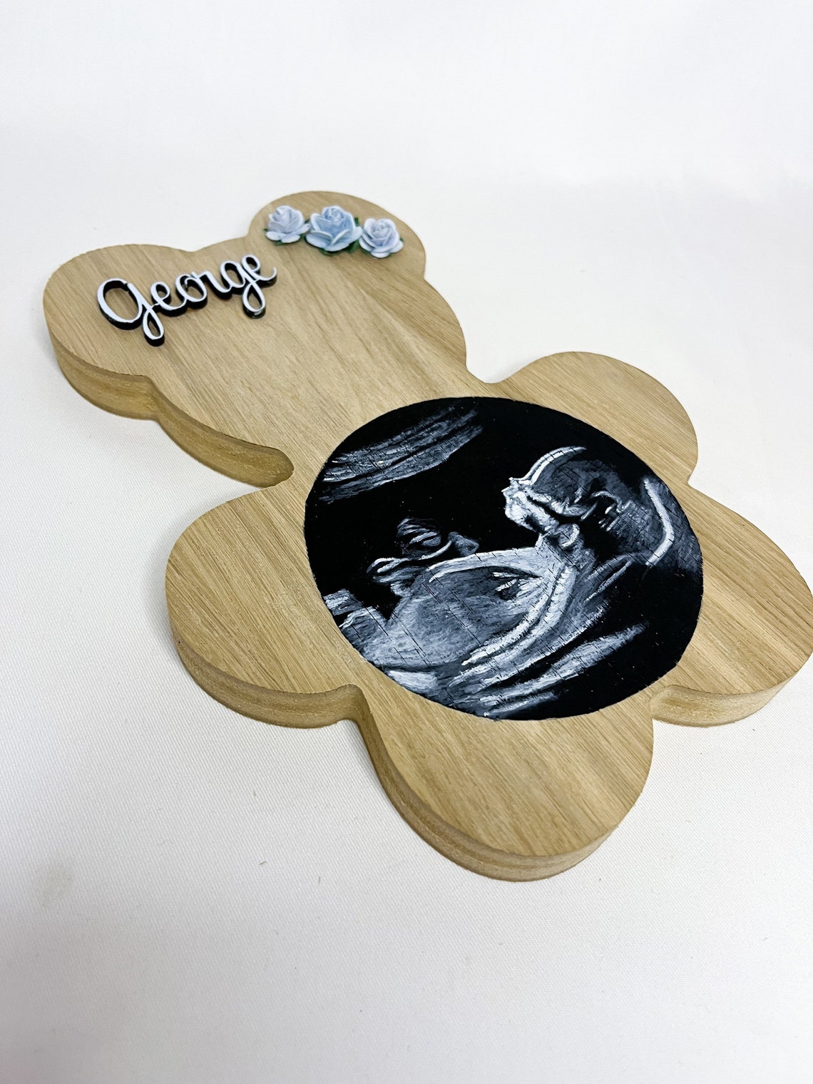 Hand Painted Baby Scan on an Oak Veneer Freestanding Bear Shape Custom ...