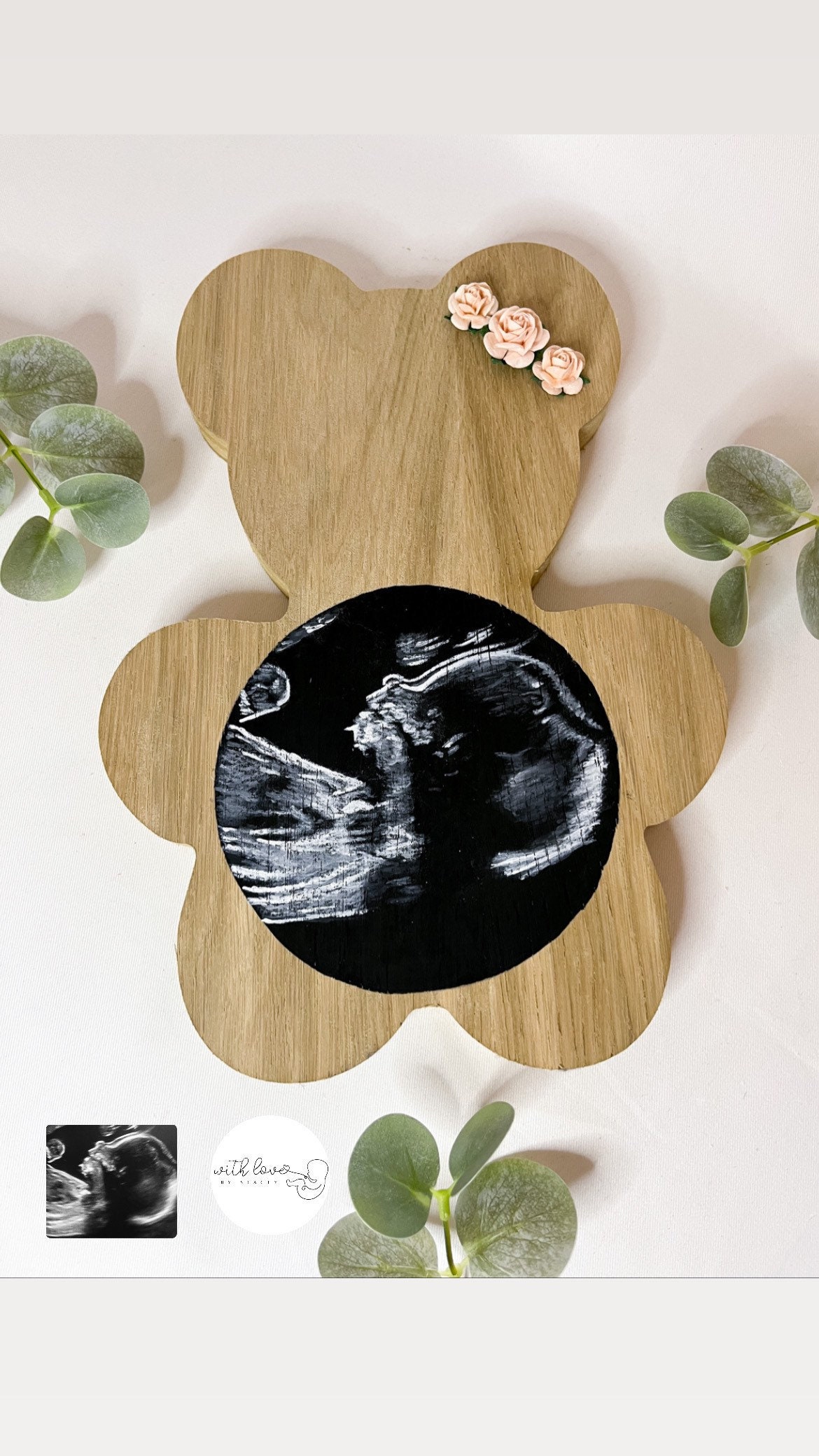 Hand Painted Baby Scan on an Oak Veneer Freestanding Bear Shape Custom ...