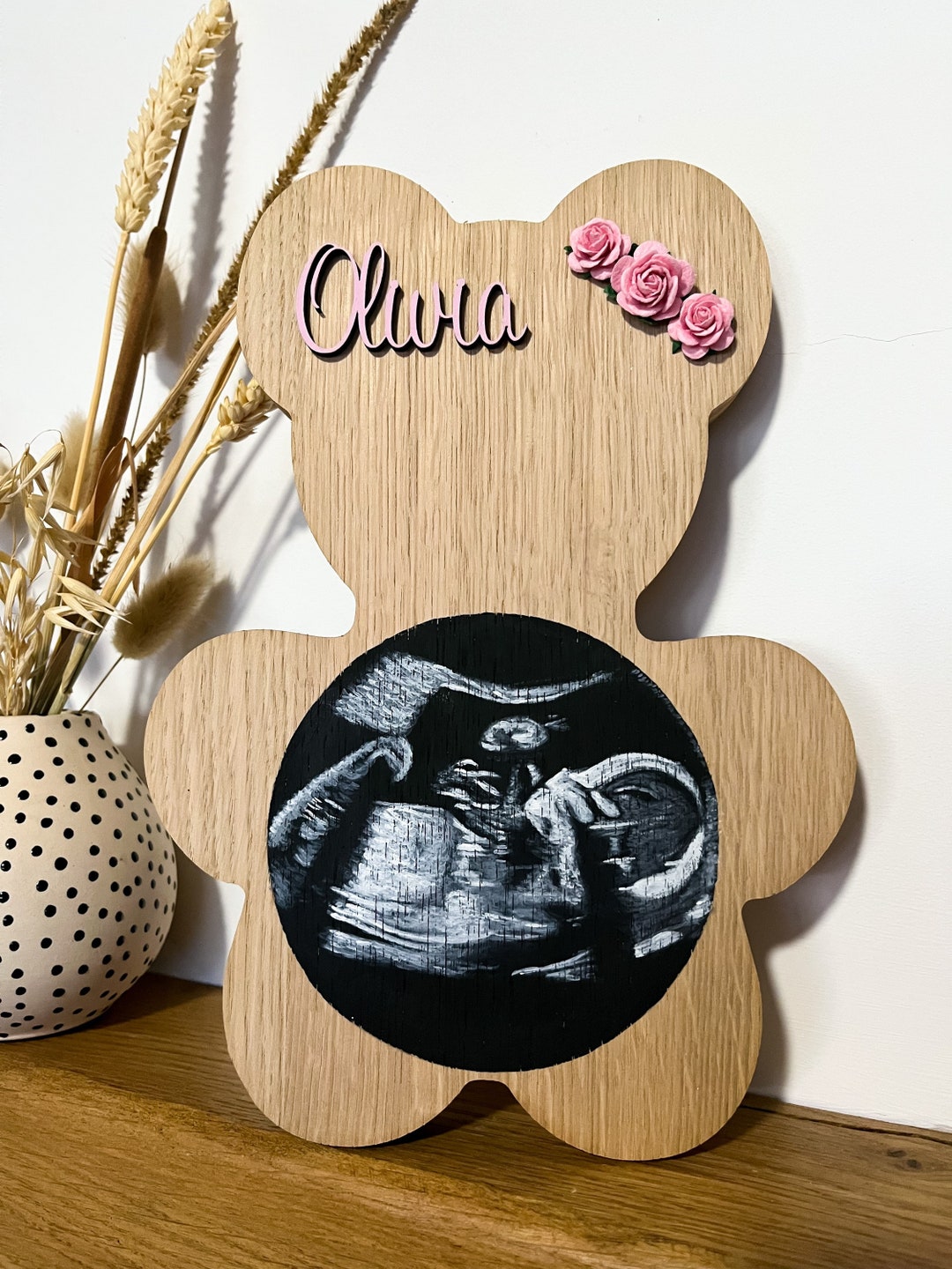 Hand Painted Baby Scan on an Oak Veneer Freestanding Bear Shape Custom ...